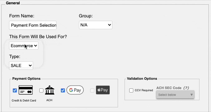 Select Payment Type Options on PayConex Hosted Payment Forms