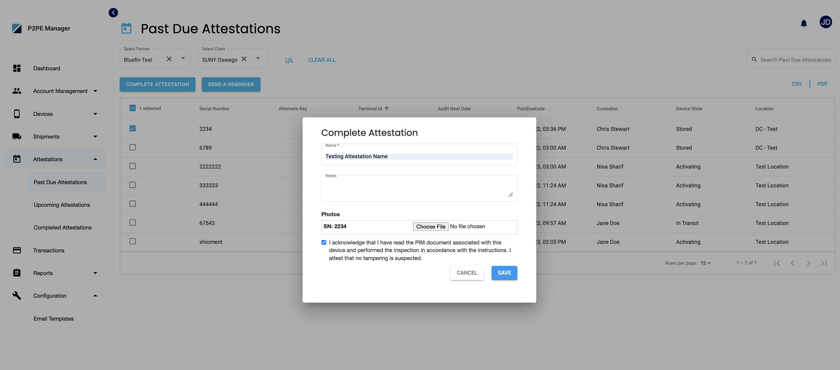 Perform Past Due Attestations in P2PE Manager